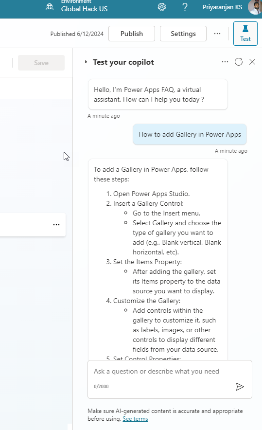 Power Apps FAQ Copilot built using Azure AI Search and Azure Open AI