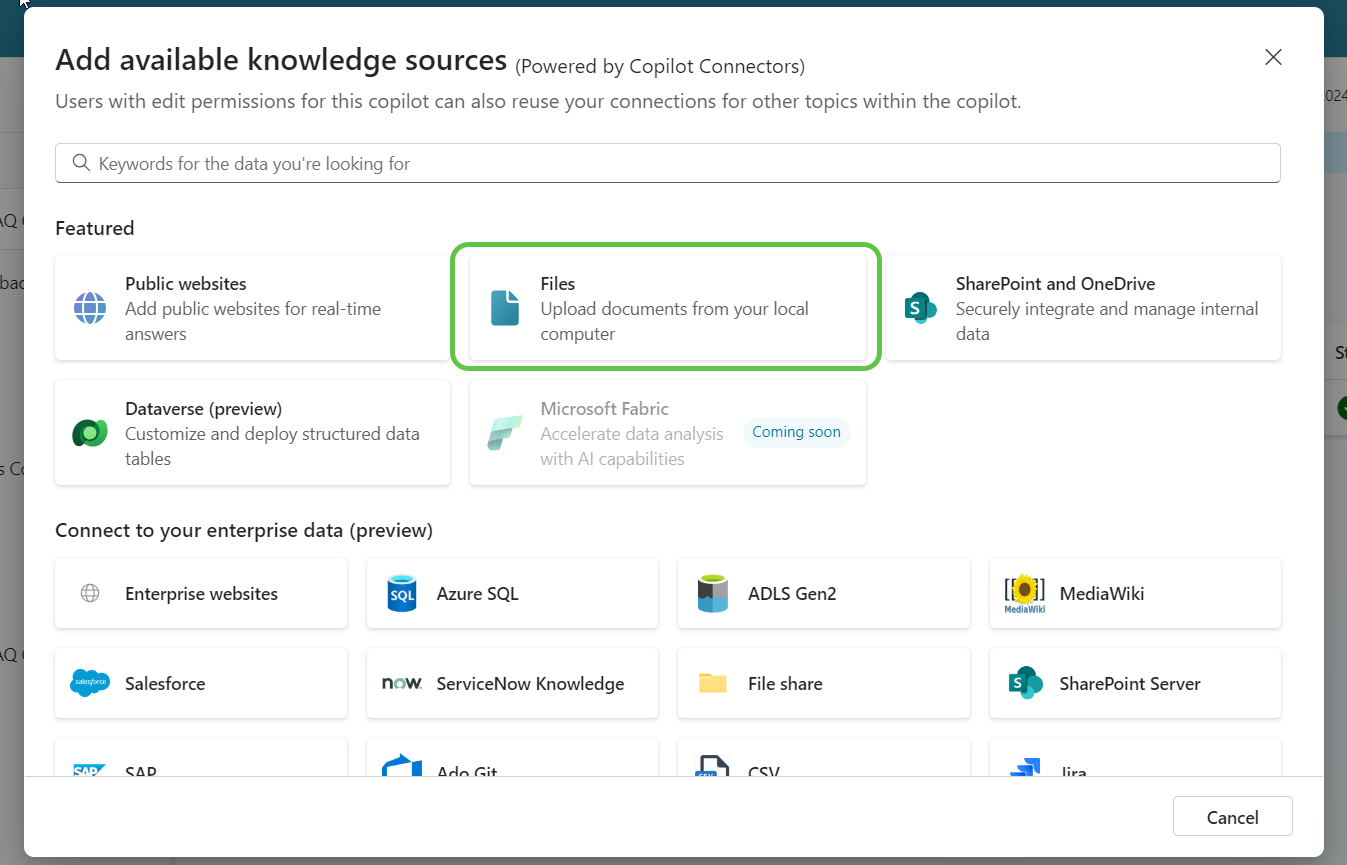 Power Apps FAQ Copilot built using Azure AI Search and Azure Open AI