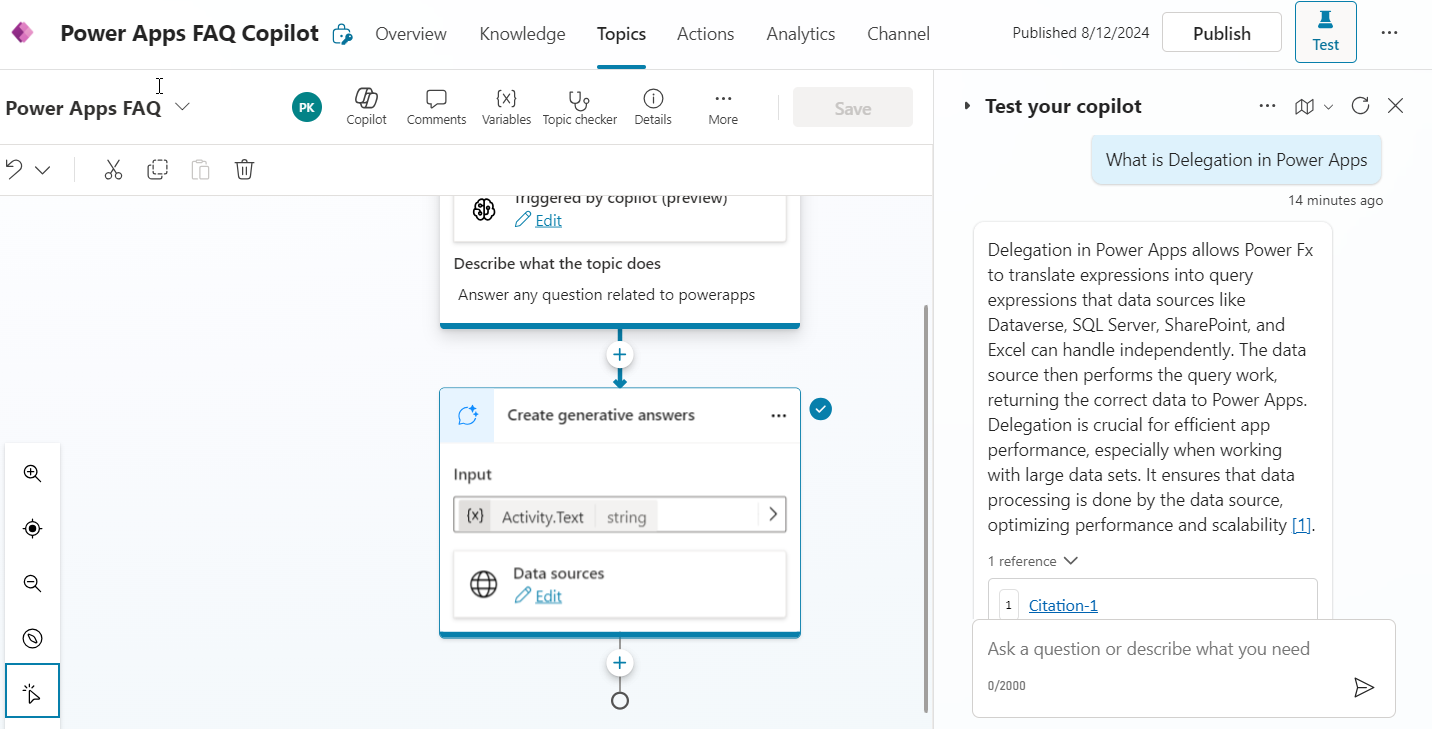 Power Apps FAQ Copilot built using Azure AI Search and Azure Open AI