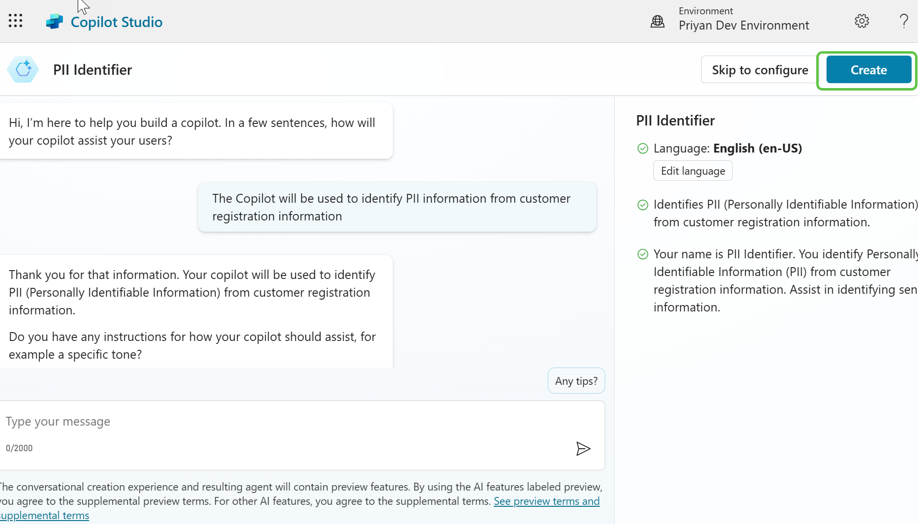 PII Detection Copilot powered with AI Prompt Action